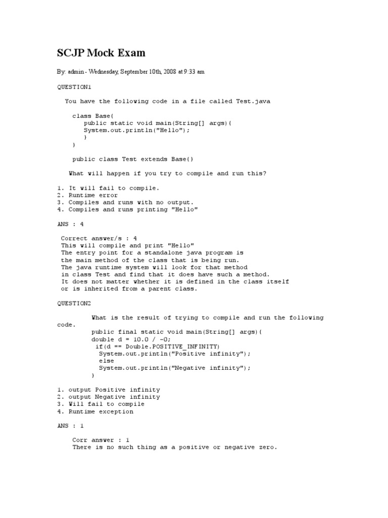 Scjp Mock Exam C Programming Language Class Computer Programming