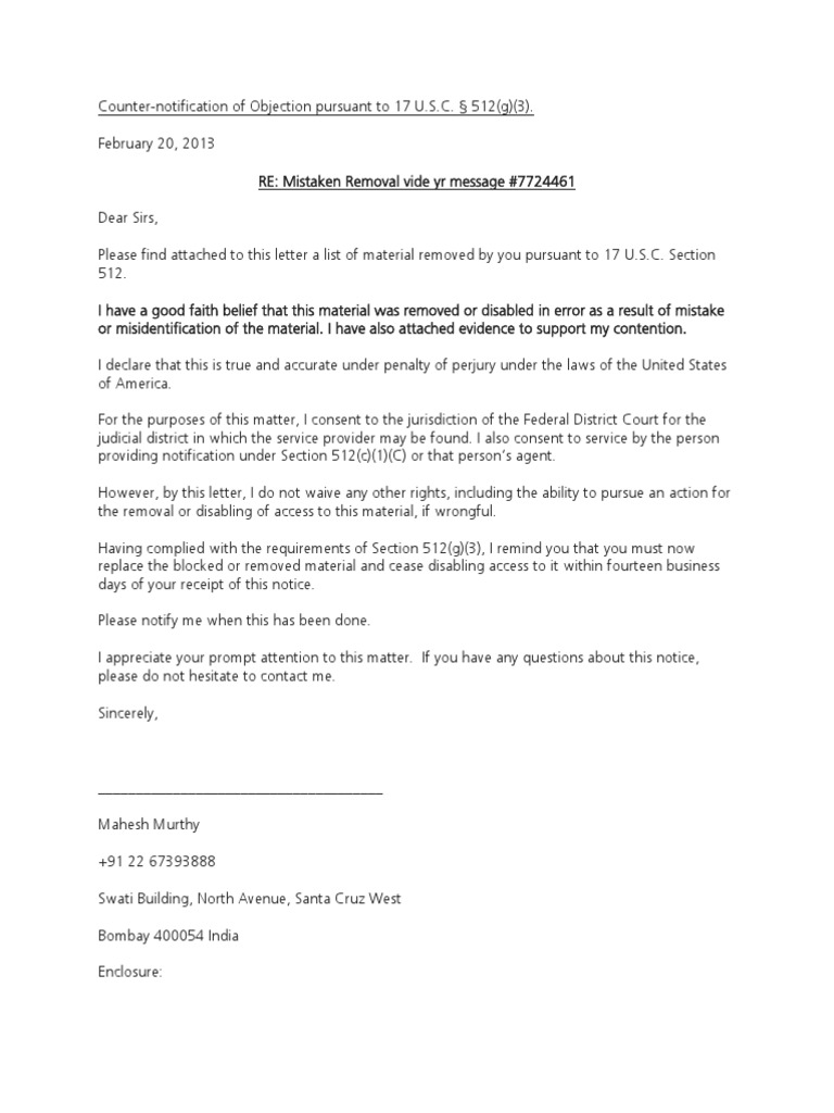 Counter-Notice to DMCA on tweet about IIPM financials | Online ...