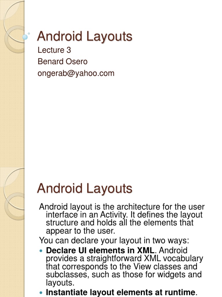 Android Layouts: Benard Osero | PDF | Widget (Gui) | Class (Computer Programming)