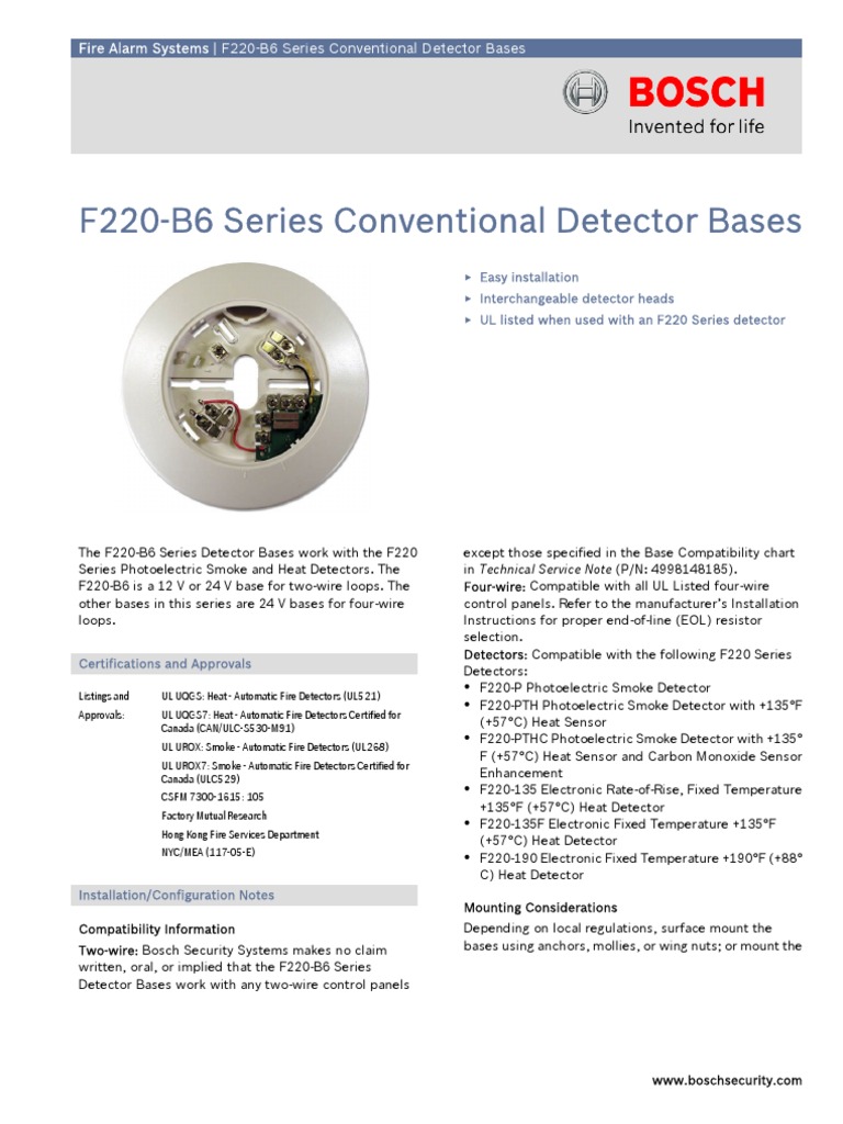 Fire Alarm Systems - F220-B6 Series Conventional Detector Bases | PDF ...