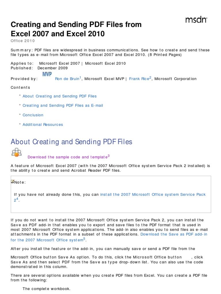 Creating and Sending PDF Files From Excel 2007 and Excel 2010 | PDF ...
