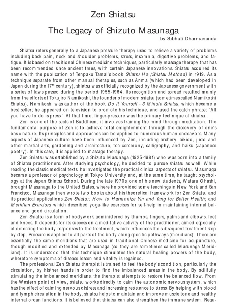 Zen Shiatsu The Legacy of Shizuto Masunaga: by Subhuti Dharmananda ...
