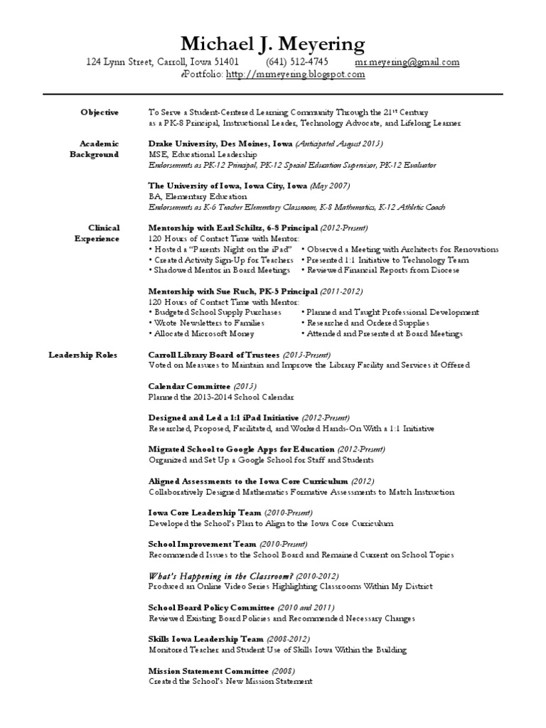 Michael J. Meyering - Résumé | PDF | Teaching | Quality Of Life