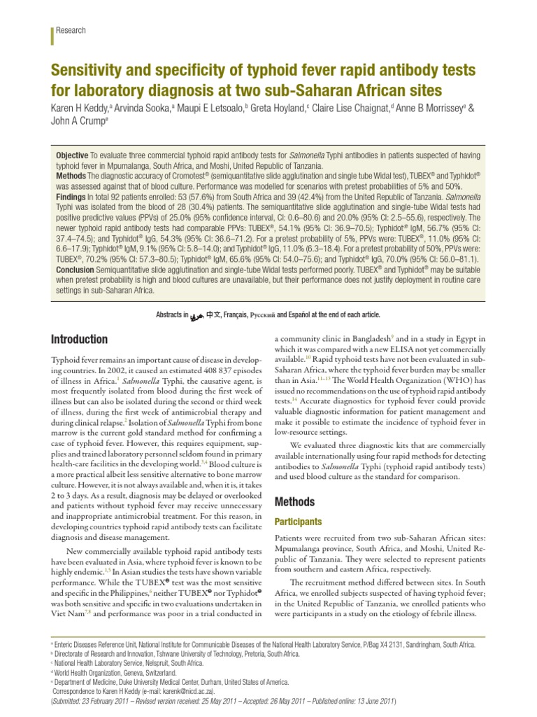 Sensitivity and Specificity of Typhoid Fever Rapid Antibody Tests For ...
