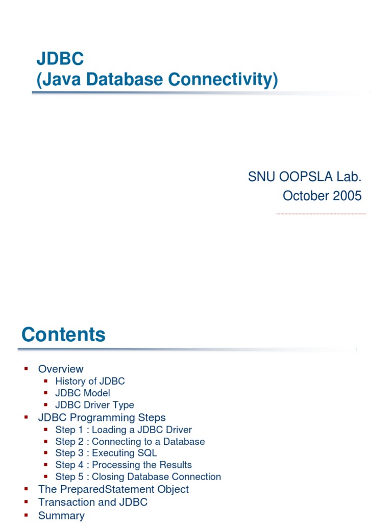 JDBC (Java Database Connectivity) : Snu Oopsla Lab. October 2005 | PDF | Databases | Computer Data