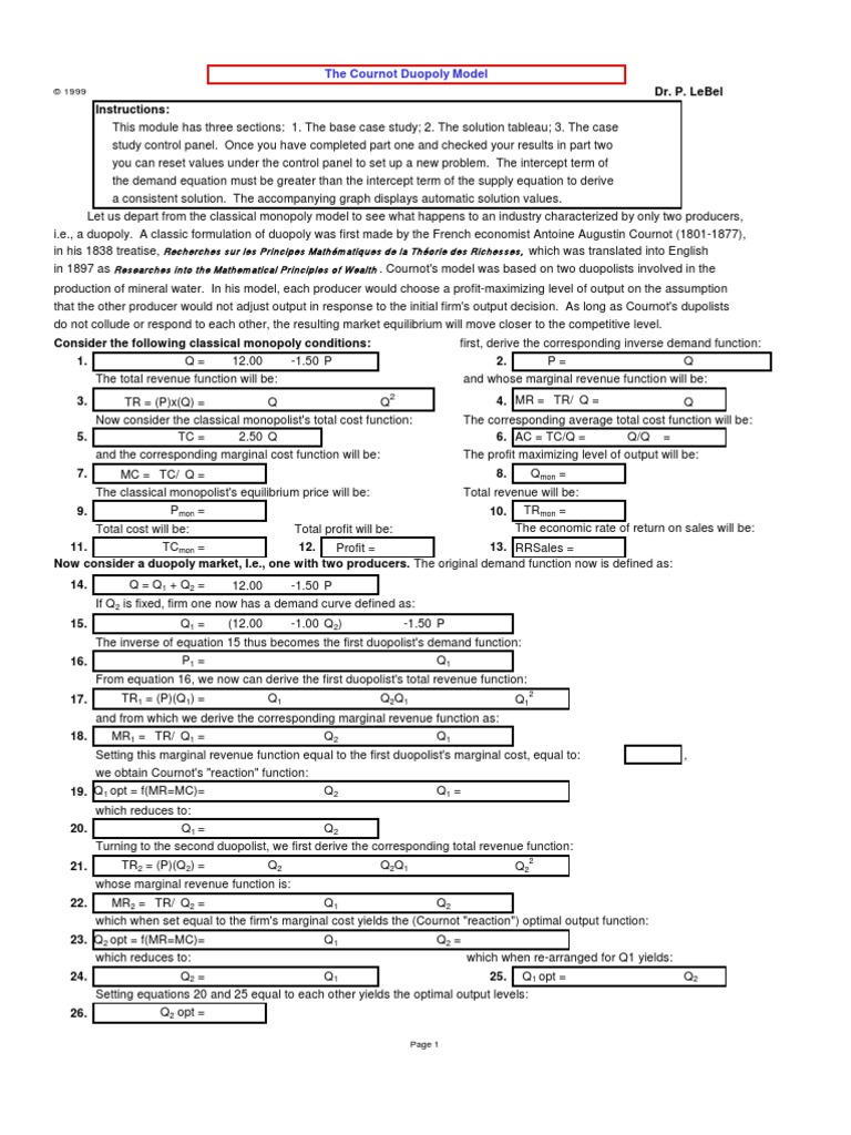Cournot Duopoly Model Pdf Monopoly Demand