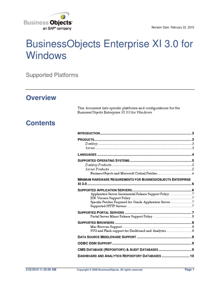 Businessobjects Enterprise Xi 3.0 For Windows: Supported Platforms ...