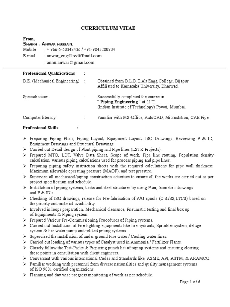 Piping Engineer Curriculum Vitae | PDF | Pipeline Transport | Pipe ...
