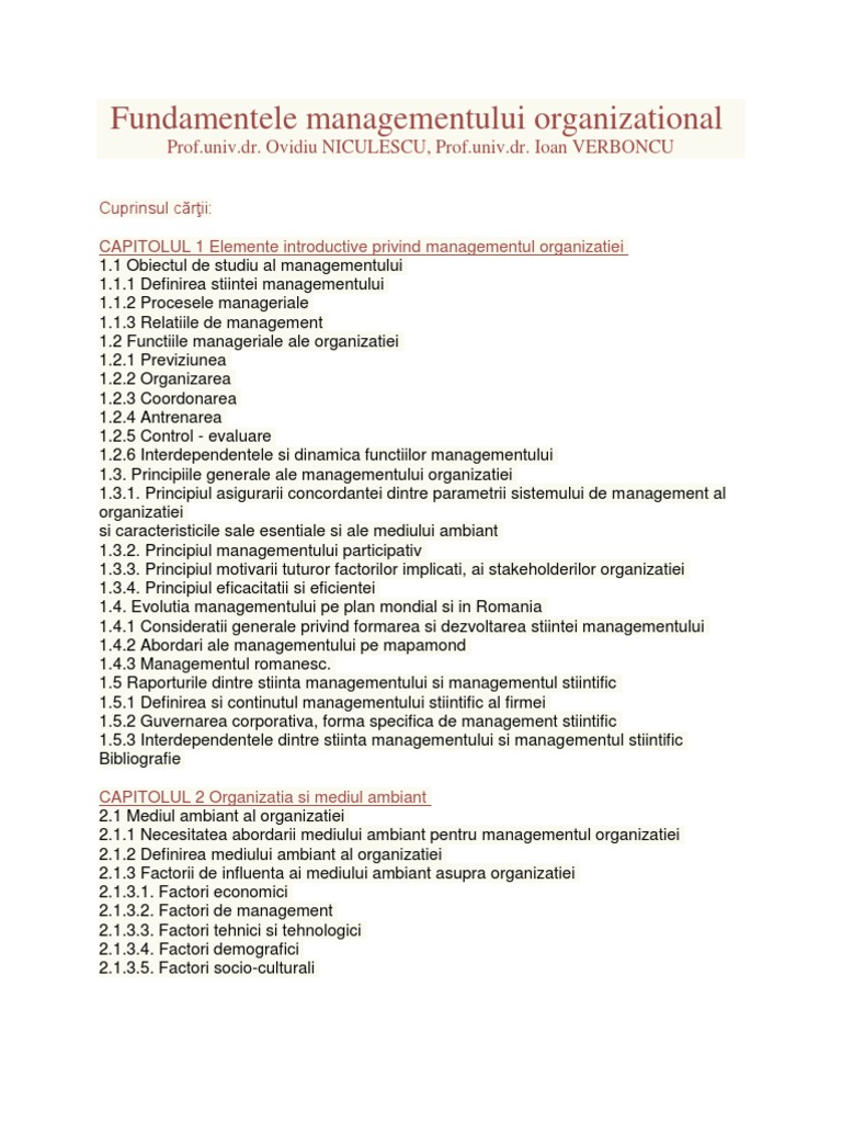 Fundamentele Managementului Organizational Cuprins