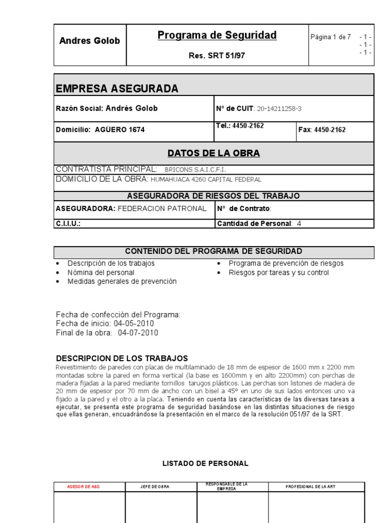 Programa de Seguridad 51 - 97 | PDF | Primeros auxilios | Seguridad y ...