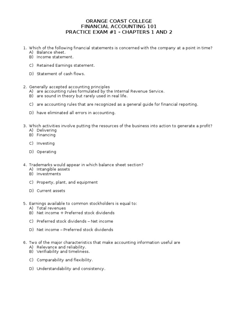 Accounting 101 Practice Exam: Chapters 1-2 | PDF | Retained Earnings ...