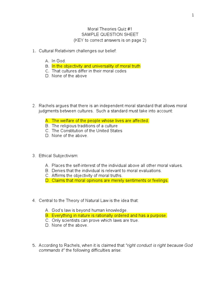 Sample Moral Theories Quiz Questions-1 | PDF | Science & Mathematics