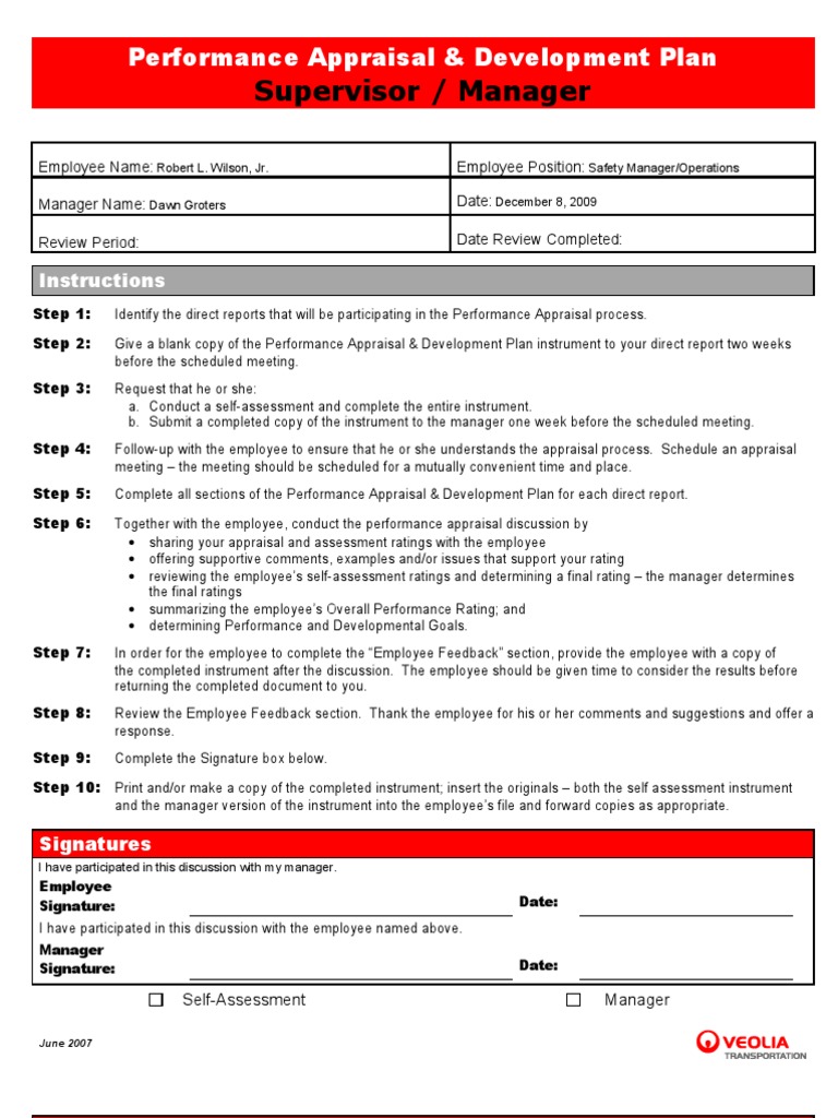 Veolia Performance Appraisal - Manager Supervisor | PDF | Competence ...