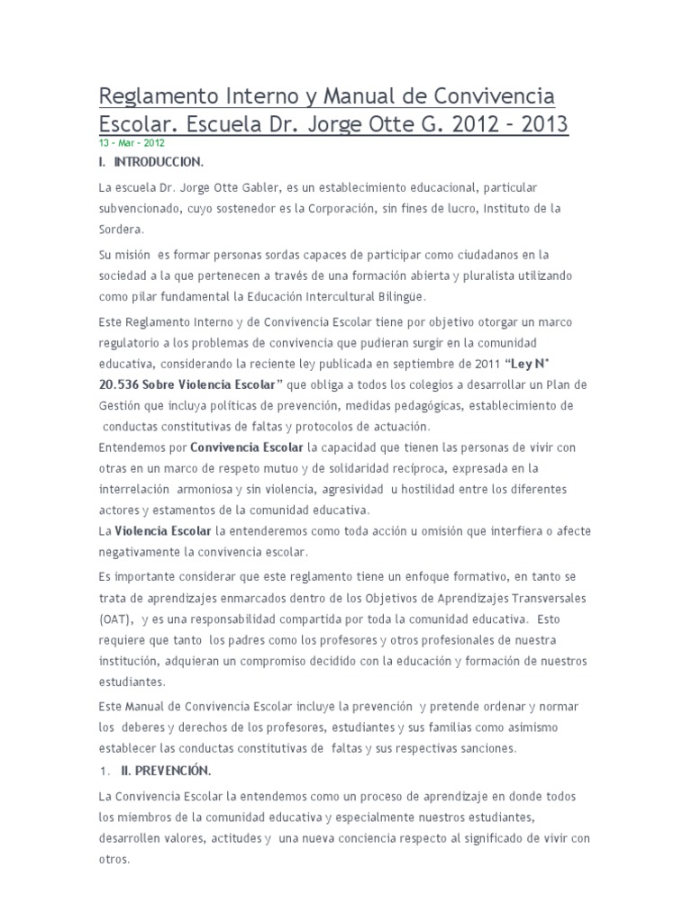 Reglamento Interno y Manual de Convivencia Escolar | PDF | Maestros | comportamiento abusivo