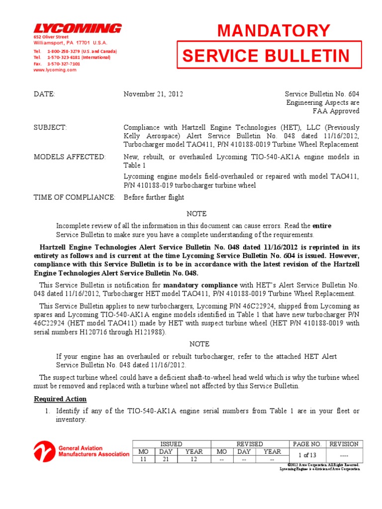 Mandatory Service Bulletin: Tel. 1 800 258 3279 (U.S. and Canada) Tel ...