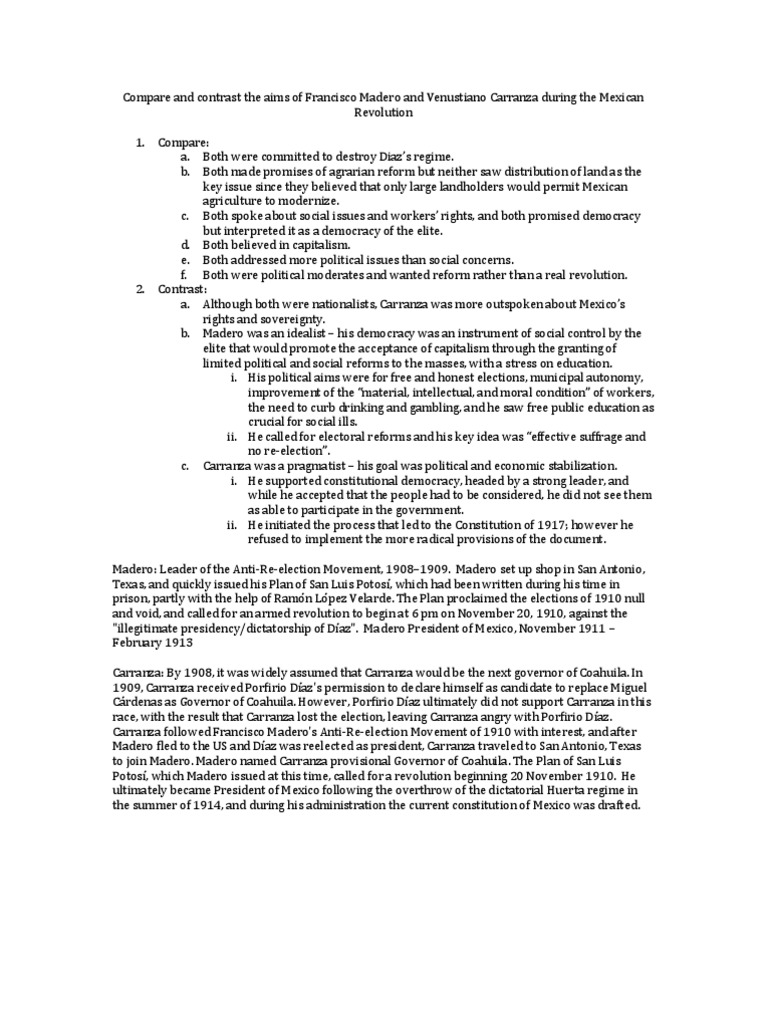 Compare and Contrast The Aims of Francisco Madero and Venustiano ...
