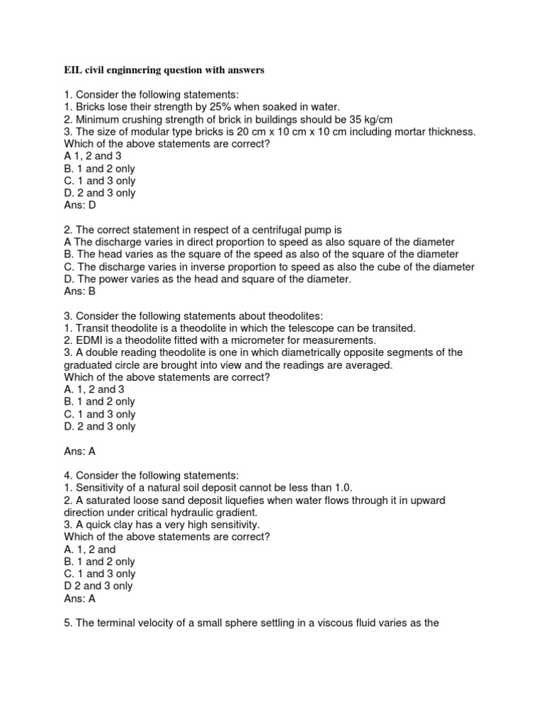 EIL Civil Enginnering Question With Answers | PDF | Shear Stress | Sewage Treatment