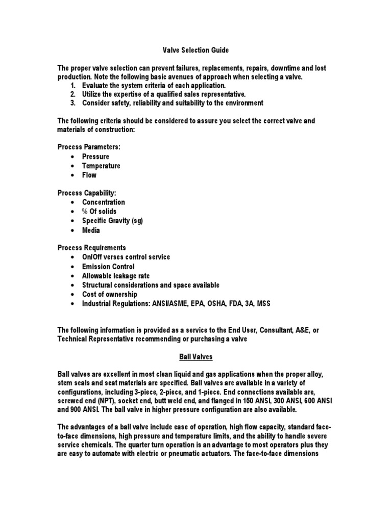 Valves Selection Guide | PDF | Valve | Chemical Engineering