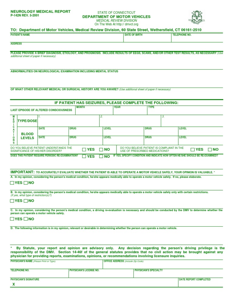 DMV Neurology Medical Report | Department Of Motor Vehicles | Physician