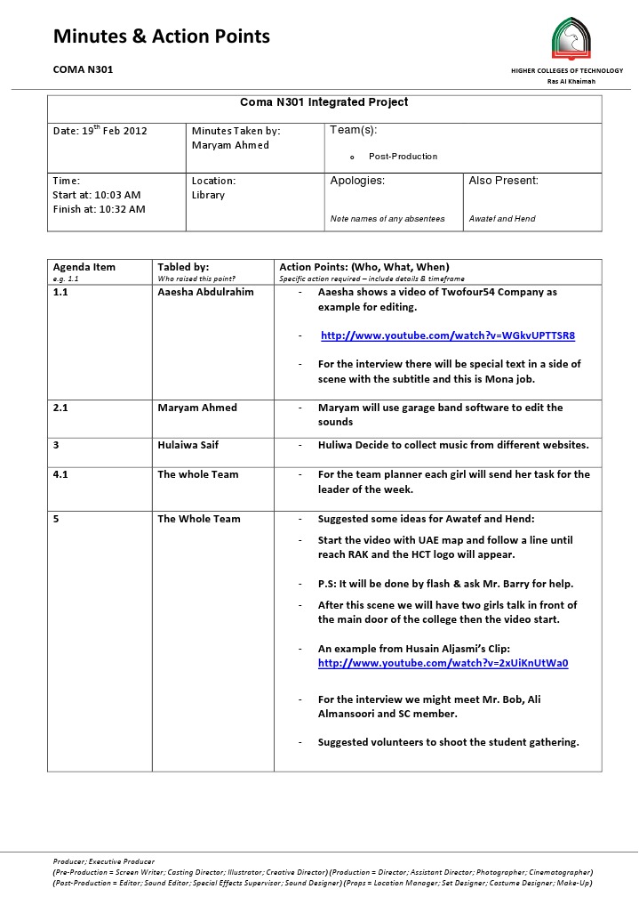 Minutes & Action Points: Date: 19 Feb 2012 Minutes Taken By: Maryam ...