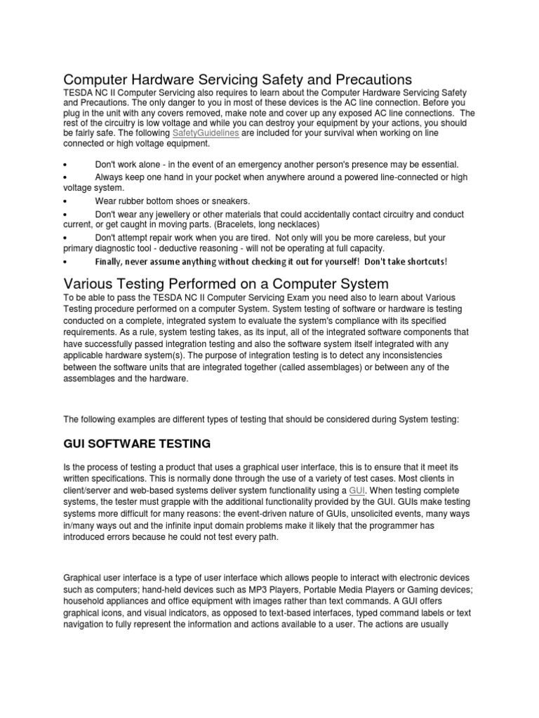 Computer Hardware Servicing Safety and Precautions | PDF | Software ...