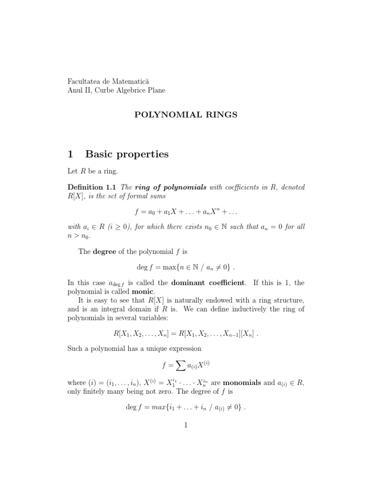 1 Basic Properties: Polynomial Rings | PDF | Factorization | Ring ...
