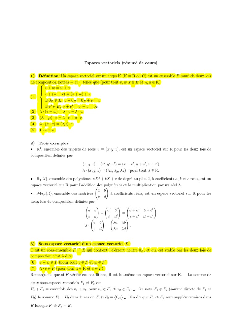 Résumé des espaces vectoriels | PDF