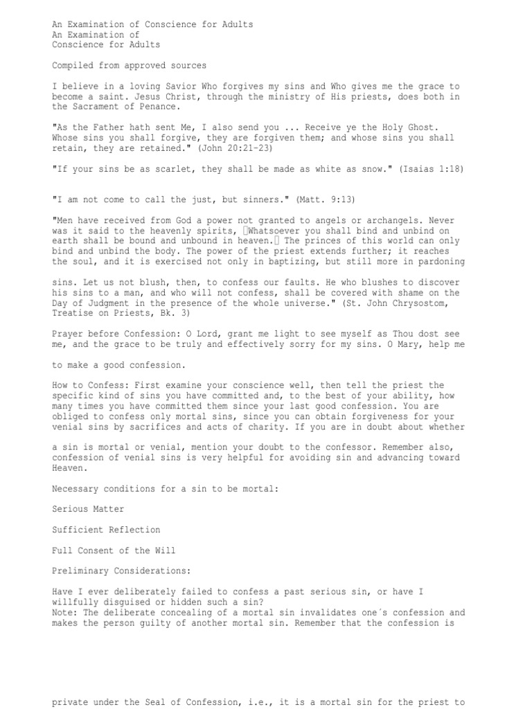 An Examination of Conscience for Adults | Confession (Religion) | Sin