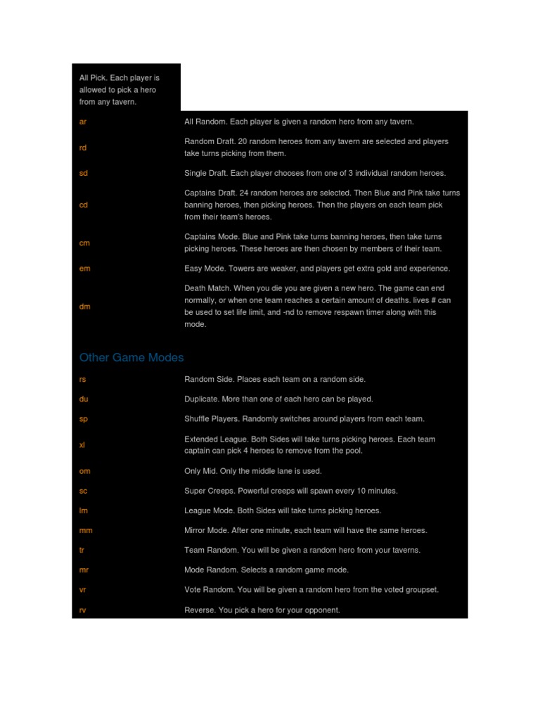 Dota 1 Game Modes and Commands Guide | PDF | Video Games | Leisure