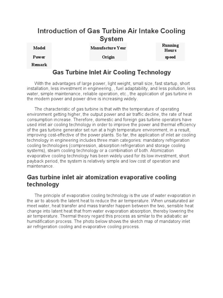 Introduction of Gas Turbine Air Intake Cooling System | Download Free ...