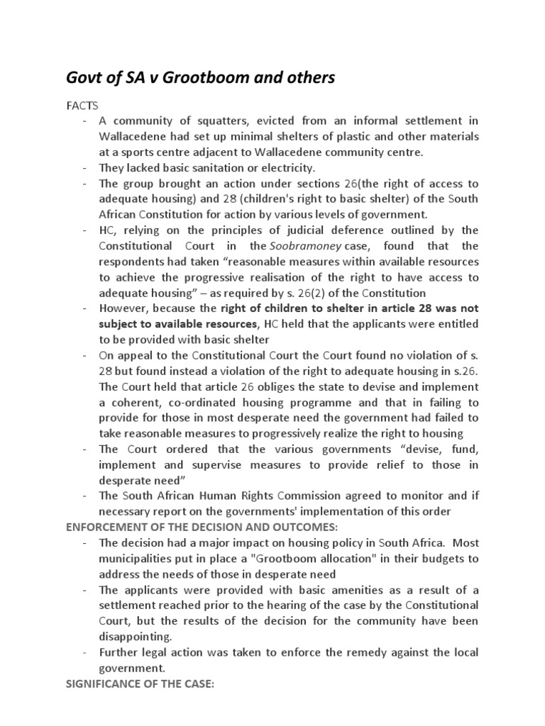 Grootboom Case Note | PDF | Right To Housing | Constitution