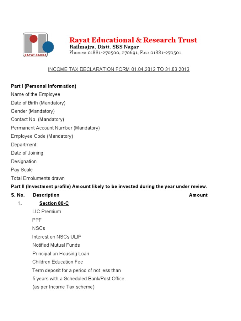 Income Tax Declaration Form 2012-2013 | PDF