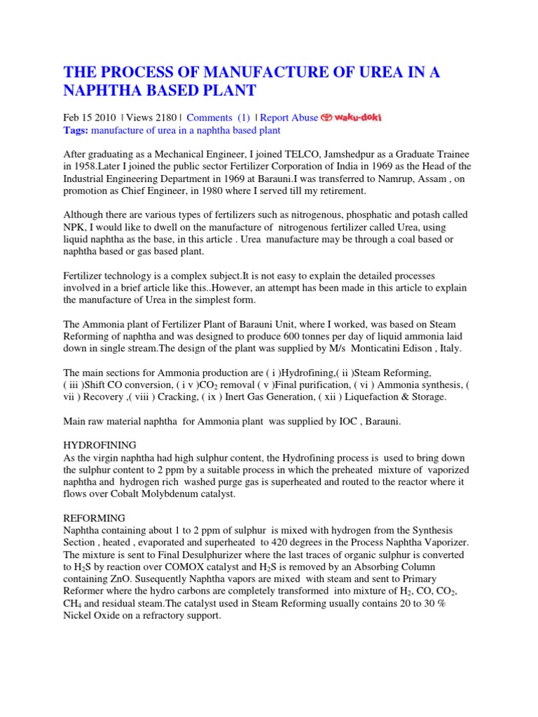 The Process of Manufacture of Urea in A Naphtha Based Plant | PDF ...