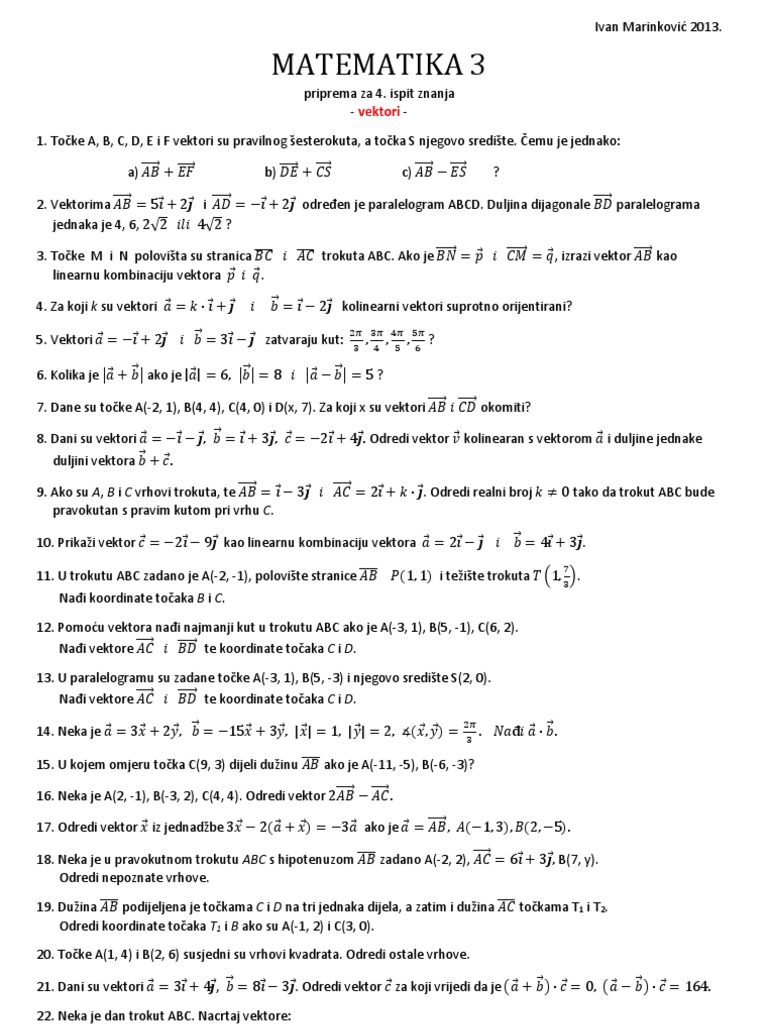 MATEMATIKA 3 - VEKTORI - Priprema Za Ispit Znanja | PDF