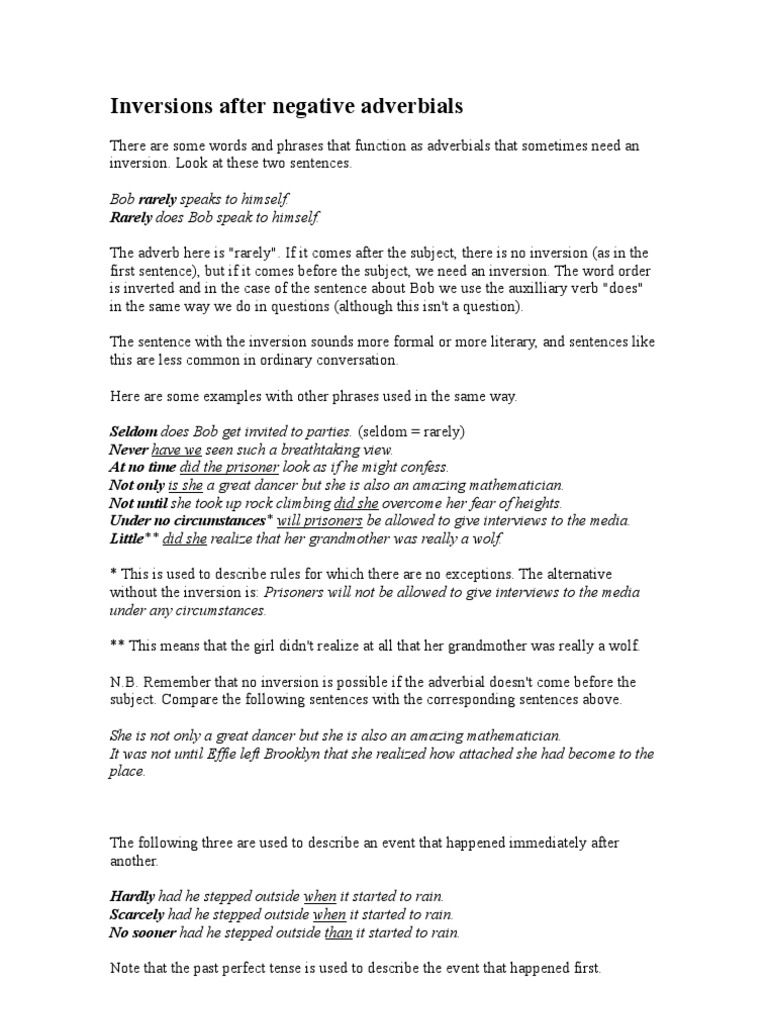In Versions After Negative Adverbials | PDF | Subject (Grammar) | Adverb
