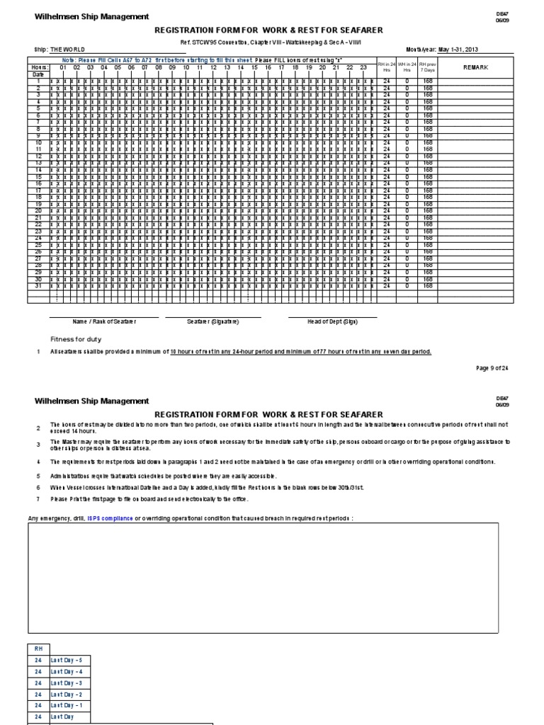 Wilhelmsen Ship Management Registration Form For Work & Rest For ...