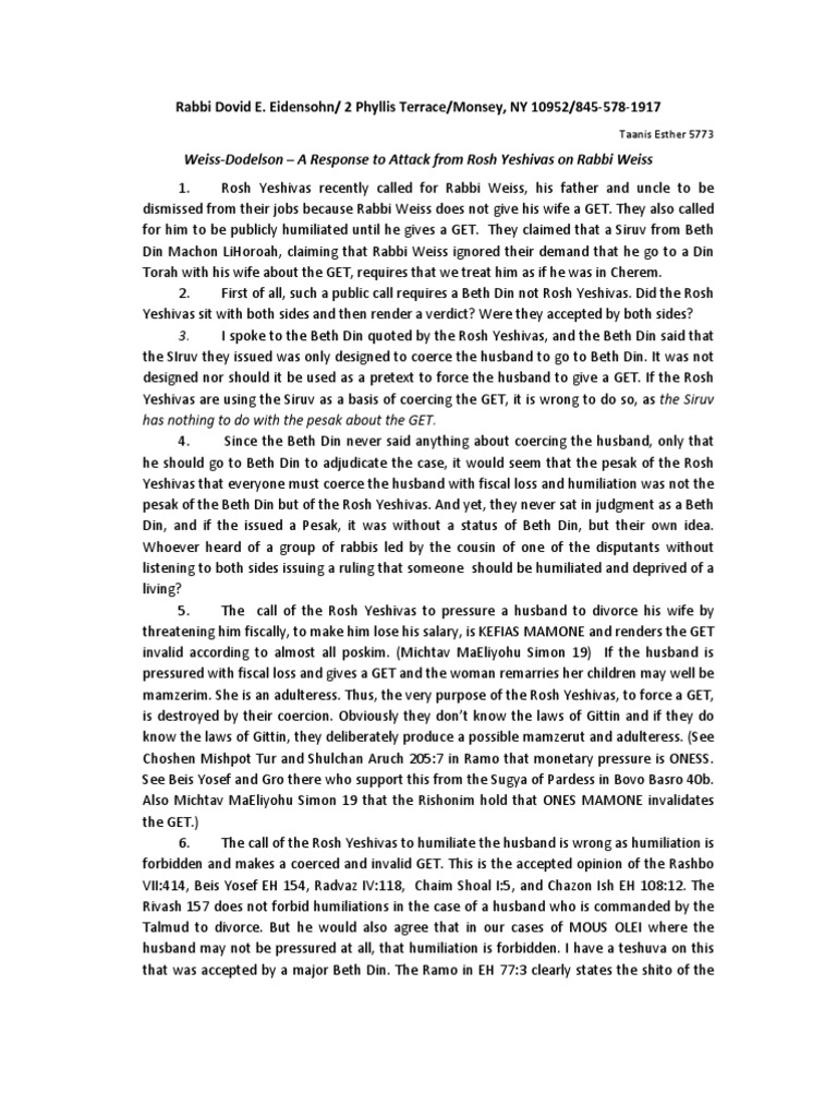 Response To Attack On Mayer Weiss From Rosh Yeshivas | PDF | Jewish Law ...