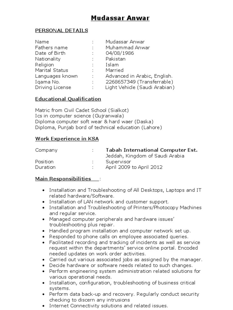 CV of Mudassar CV | PDF | Computer Network | Information Age