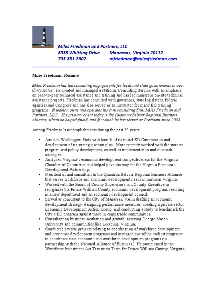 Miles Friedman Resume 2012a | PDF | Virginia | Economic Development