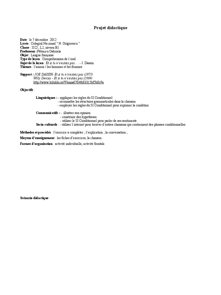 Projet Didactique Et Si Tu Nexistais Pas... | PDF | Amour | Langues