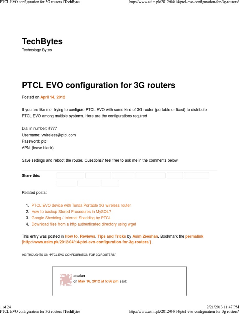 PTCL EVO 3G Router Configuration Guide | PDF | Wi Fi | Modem