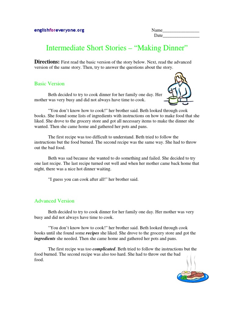 Intermediate Short Stories With Questions - Making Dinner | PDF