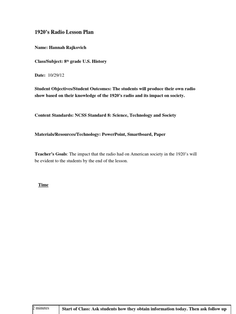 1920's Radio Lesson Plan | PDF | Radio | News