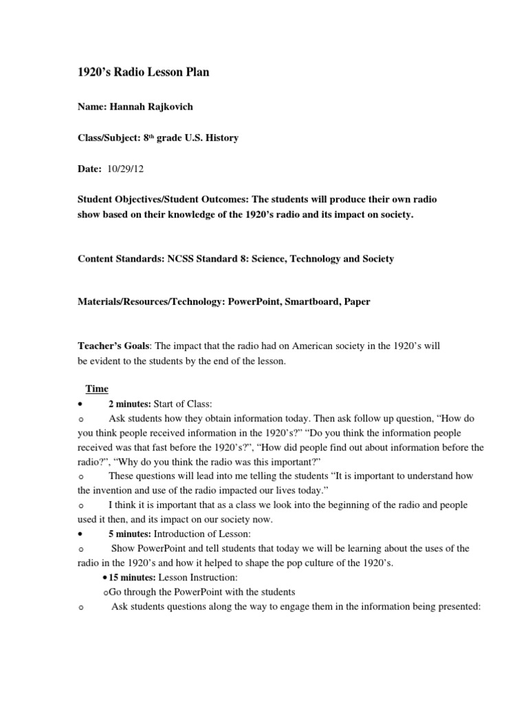 1920's Radio Lesson Plan | PDF | Lesson Plan | Cognitive Science
