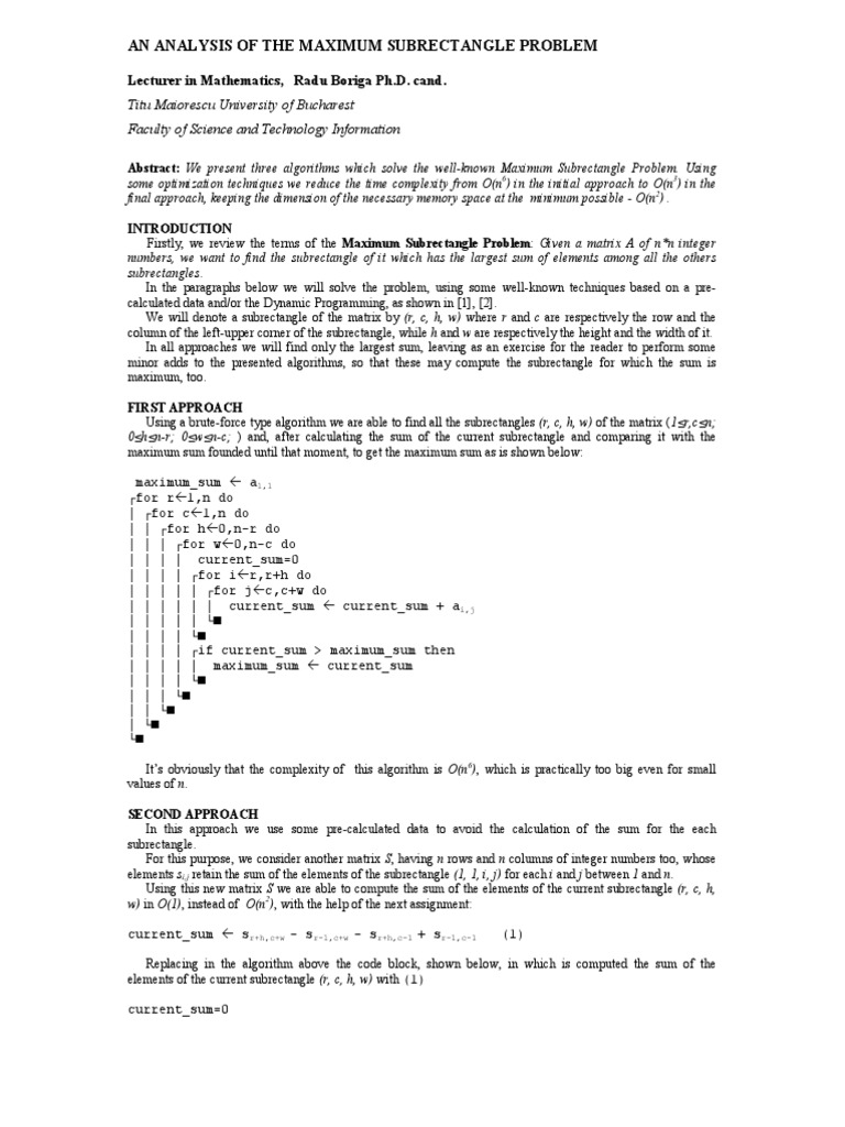 Maximum Subrectangle Problem | PDF | Dynamic Programming | Matrix (Mathematics)
