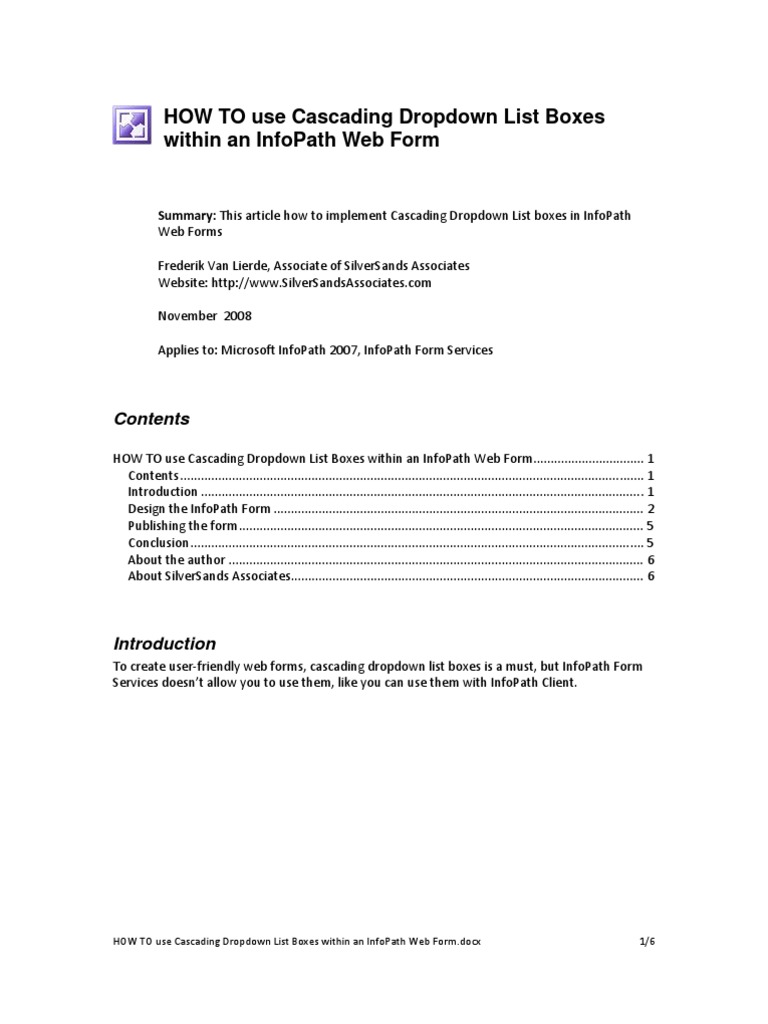 How To Use Cascading Dropdown Listboxes Within An Infopath Web Form Pdf X Path Share Point
