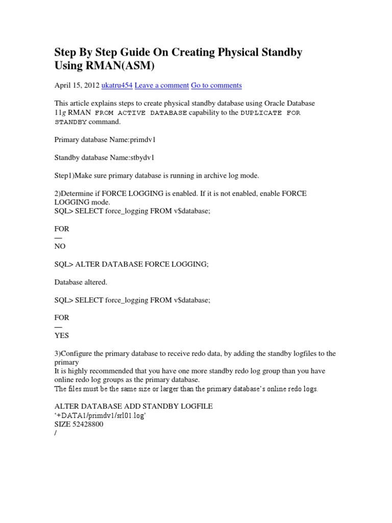 Step by Step Guide On Creating Physical Standby Using | PDF | Oracle ...