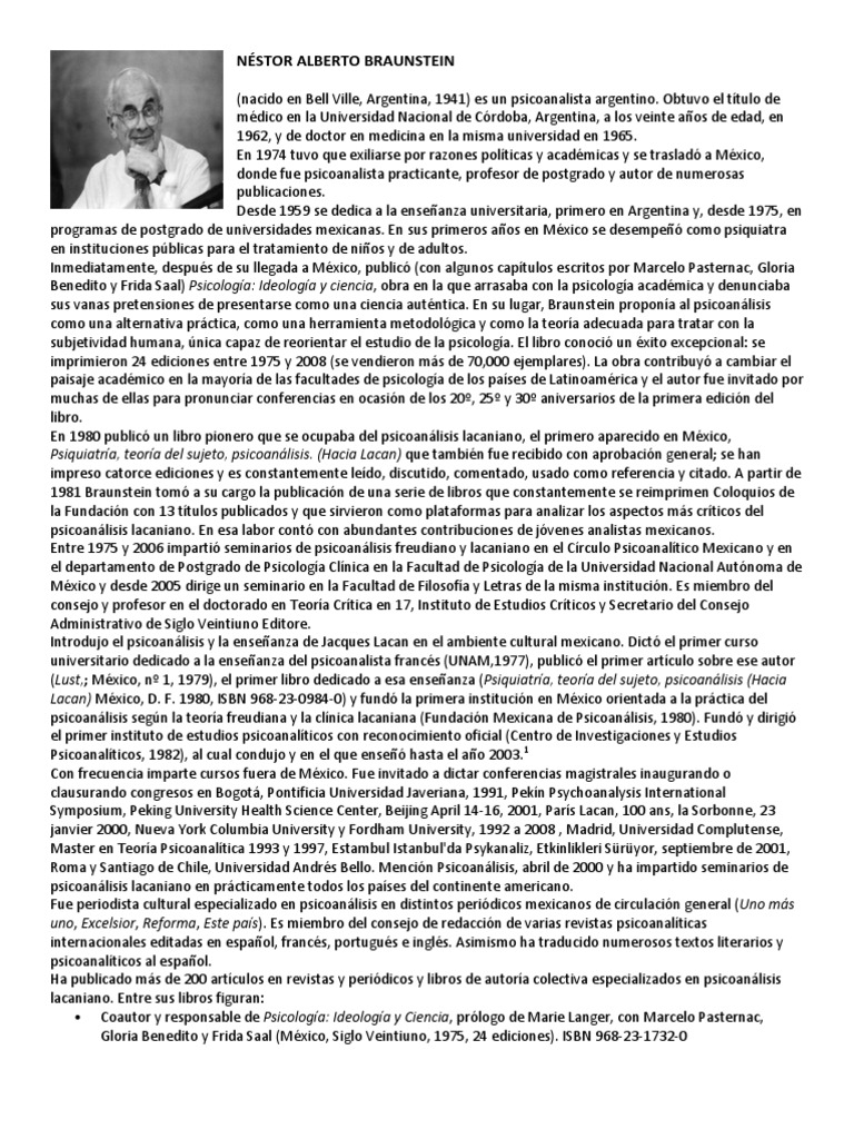 Néstor Braunstein: Pionero del Psicoanálisis Lacaniano | PDF ...