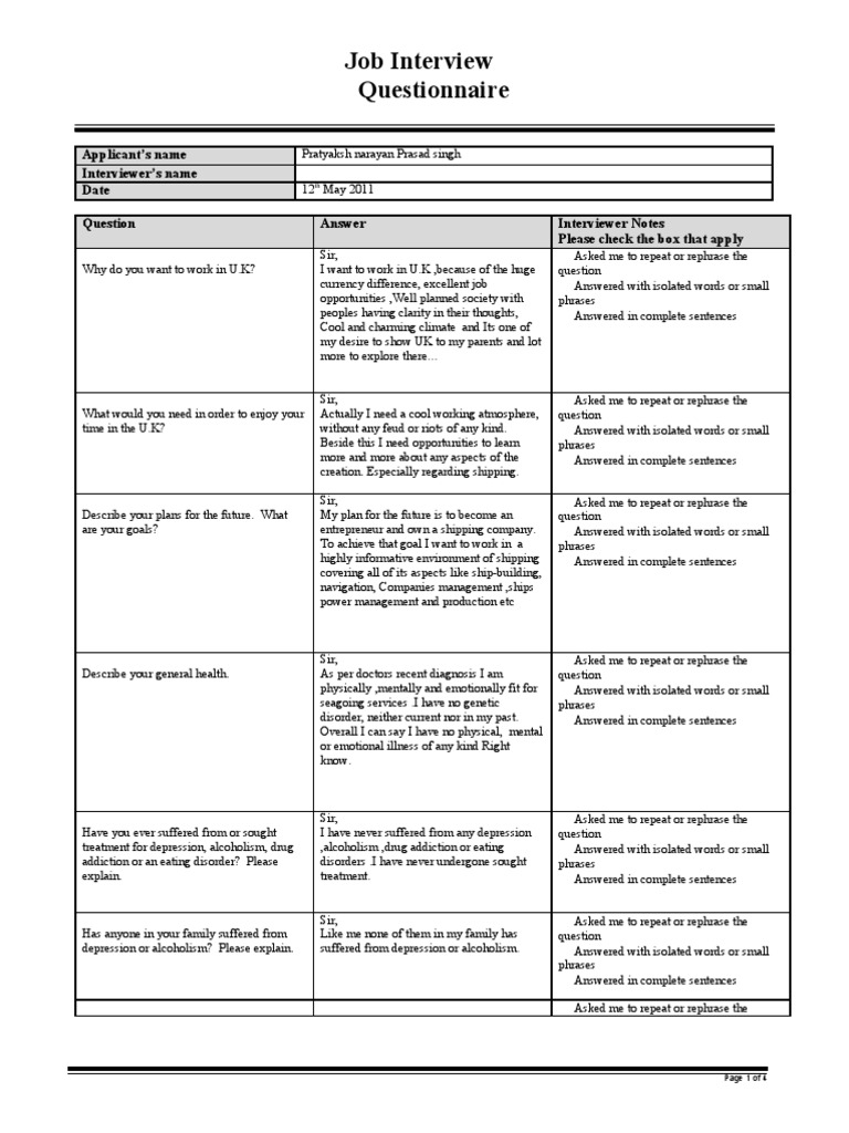 Job Interview Questionnaire | PDF