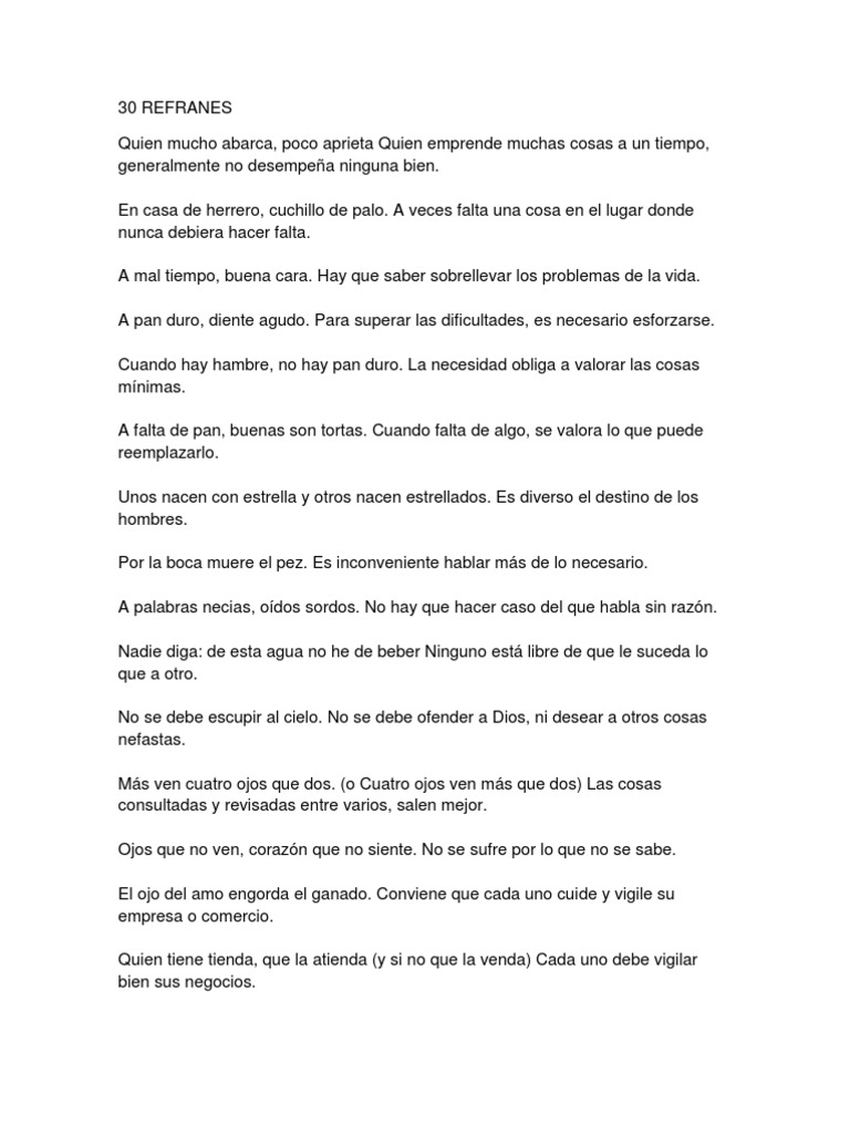 30 Refranes Populares y su Significado | PDF | Relaciones personales ...